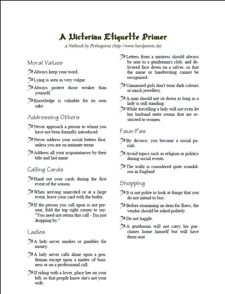 Victorian Etiquette | Savage Rippers Wiki | Fandom