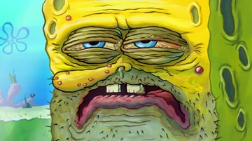 spongebob sweating close up