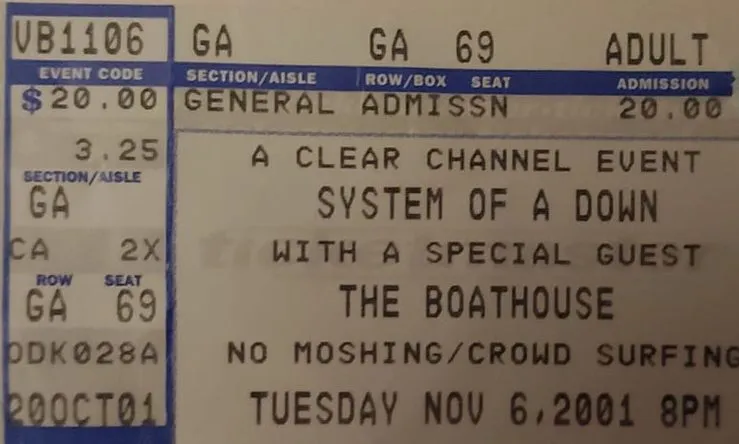 The Boathouse November 6th, 2001 | System of a Down Wiki | Fandom