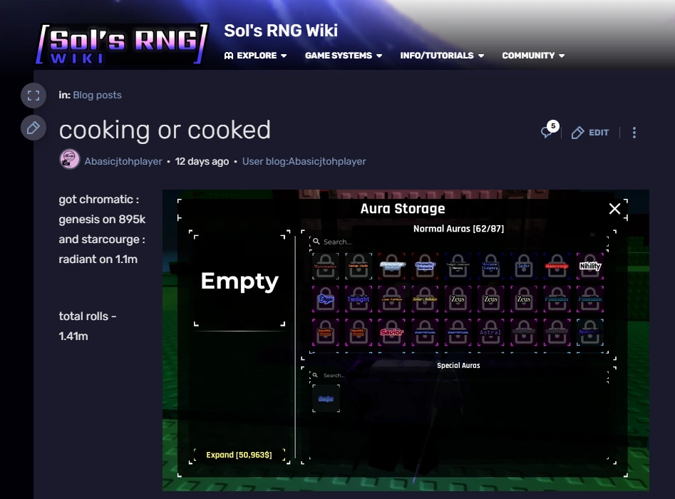 User blog:Abasicjtohplayer/officially cooking. | Sol's RNG Wiki | Fandom