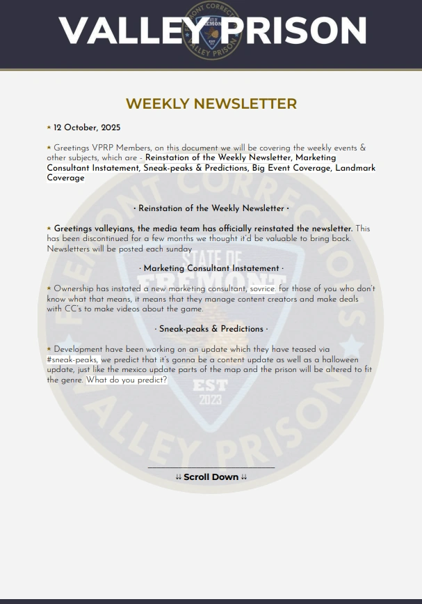 VPRP Newsletter | Valley Prison RolePlay Wiki | Fandom