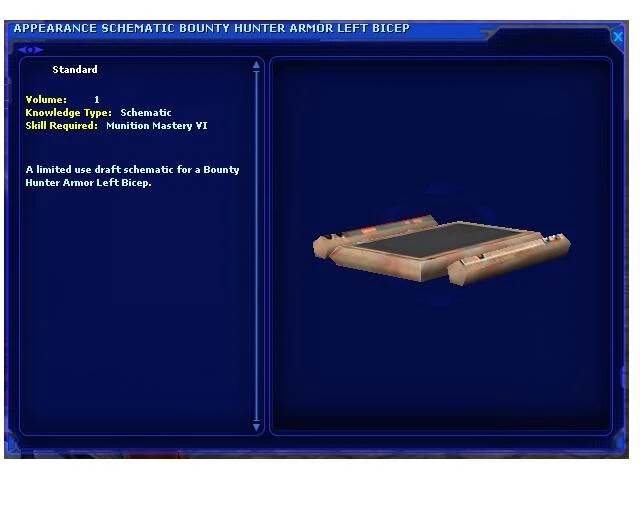 Appearance Schematic Bounty Hunter Armor Left Bicep | SWG: Prophecy ...