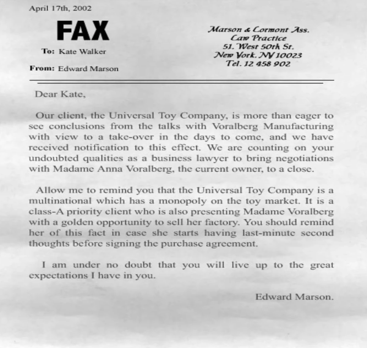 Fax 1 | Syberia Wiki | Fandom