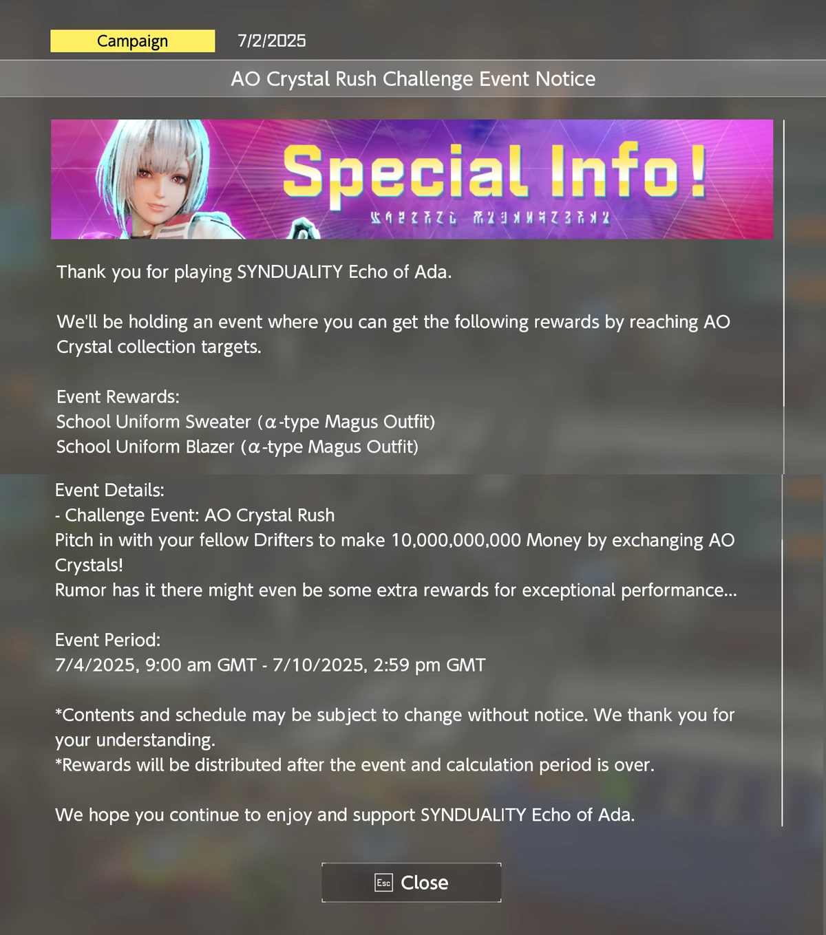 Campaign - AO Crystal Rush Challenge Event Notice | Synduality Wiki ...