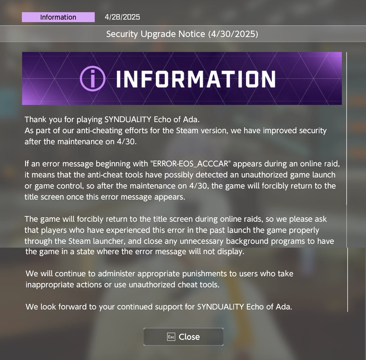 Information - Security Upgrade Notice (4/30/2025) | Synduality Wiki | Fandom