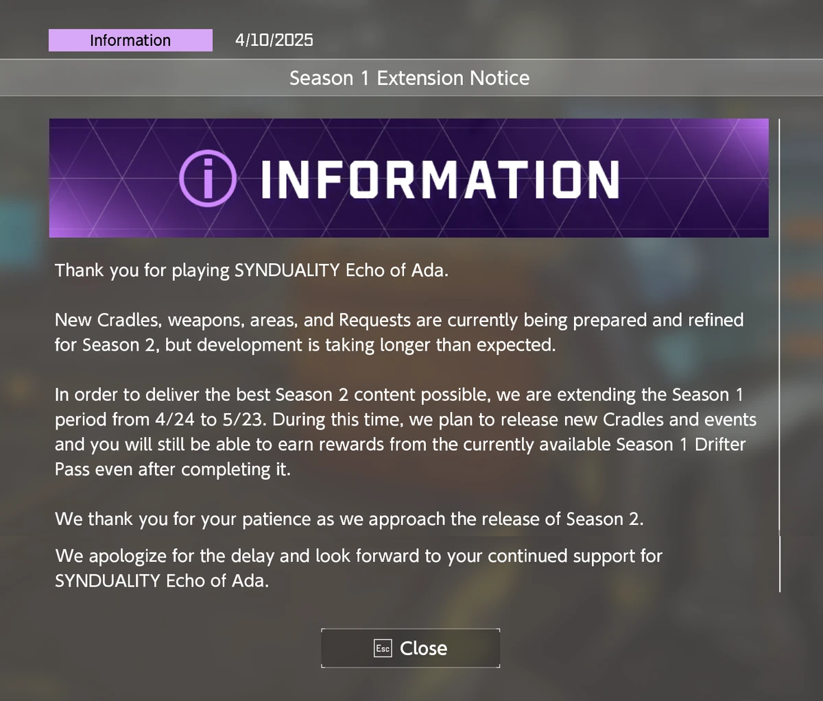 Information - Season 1 Extension Notice (4/10/2025) | Synduality Wiki | Fandom