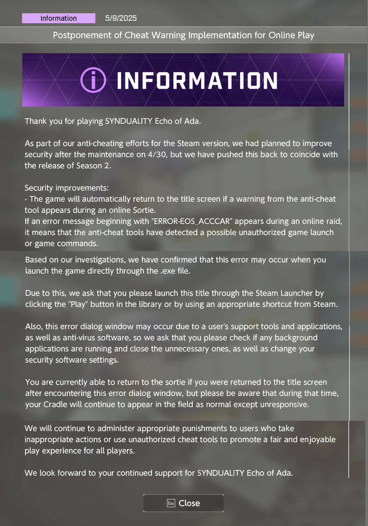 Information - Postponement of Cheat Warning Implementation for Online ...