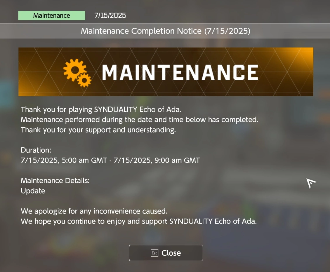 Maintenance - Maintenance Completion Notice (7/15/25) | Synduality Wiki | Fandom