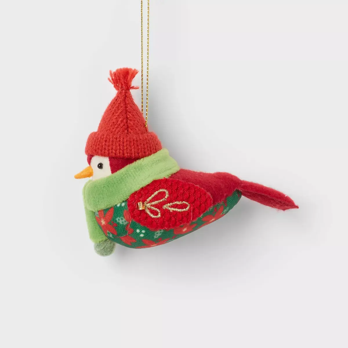 Fabric Bird with Red Hat and Poinsettia Flower Christmas Tree Ornament ...