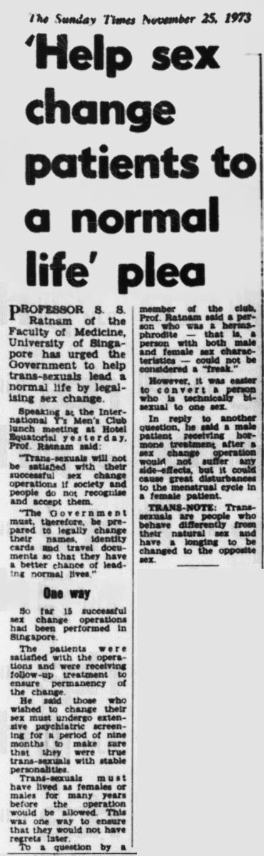 Archive of "'Help sex-change patients to a normal life' plea", The Straits Times, 25 November ...