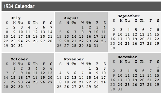 1934 Calendar | The Velvet Blues Wiki | Fandom