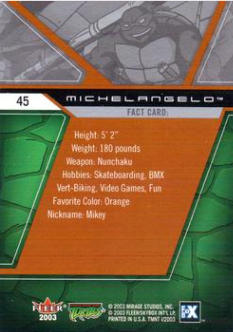 Michelangelo Fact Card | TMNTPedia | Fandom