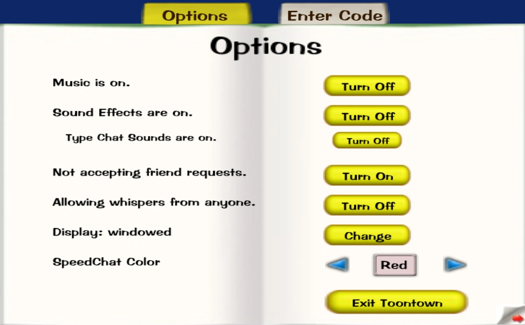 Options & Codes | Toontown Wiki | Fandom