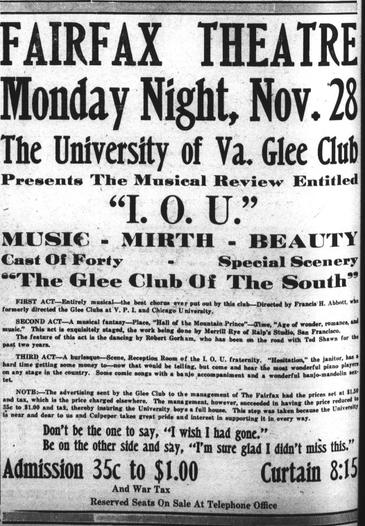 Concert in Culpeper (1921) | Virginia Glee Club Wiki | Fandom