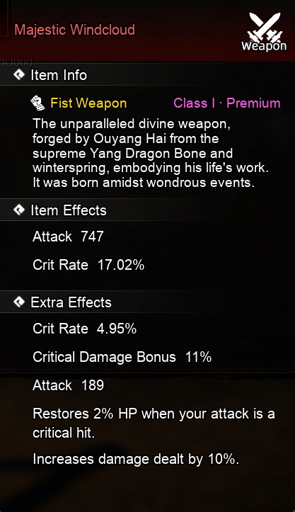 Majestic Windcloud (Fist Weapon) - Tooltip | Wandering Sword Wiki | Fandom