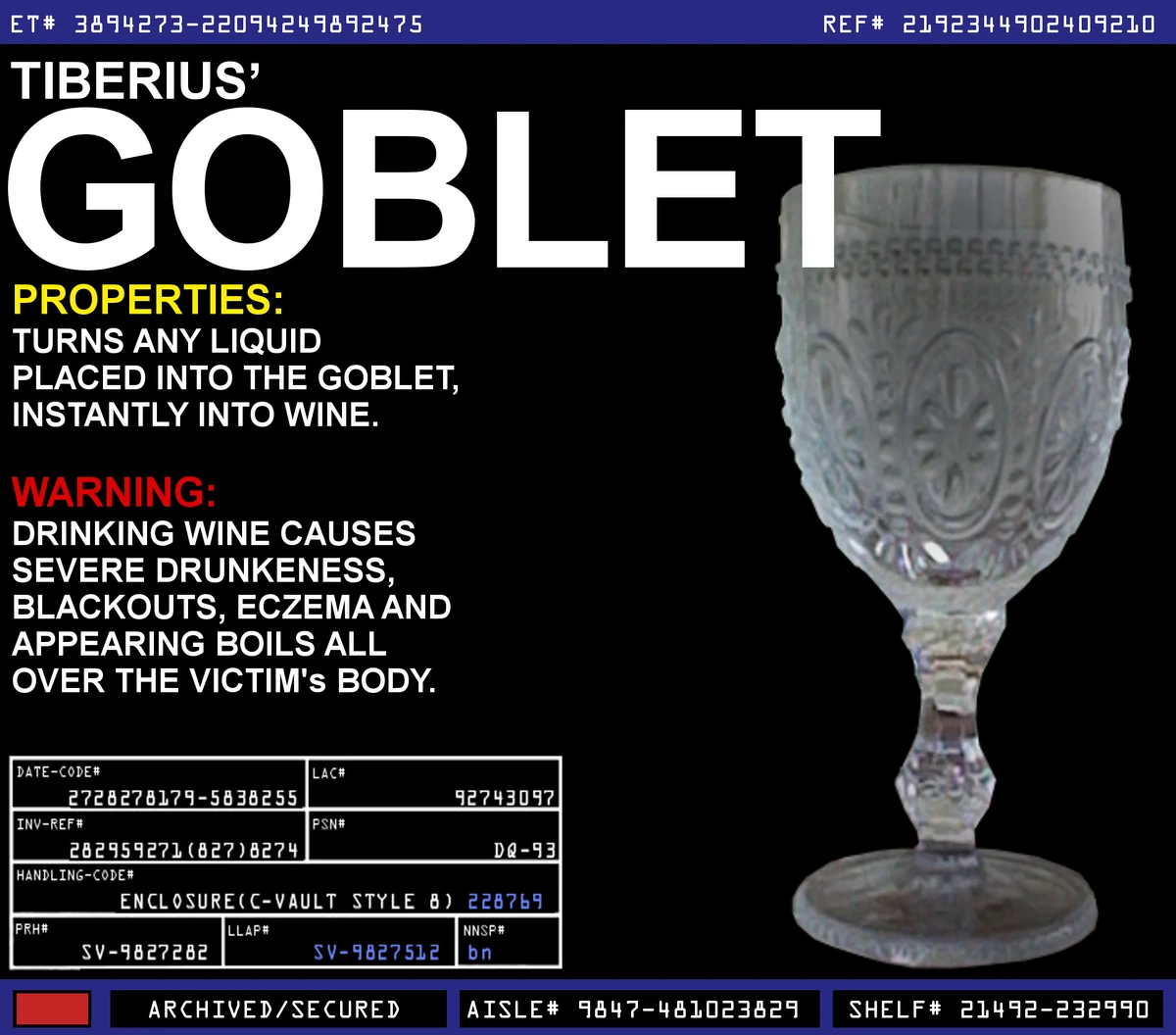 Tiberius' Goblet | Warehouse 13 Artifact Database Wiki | Fandom