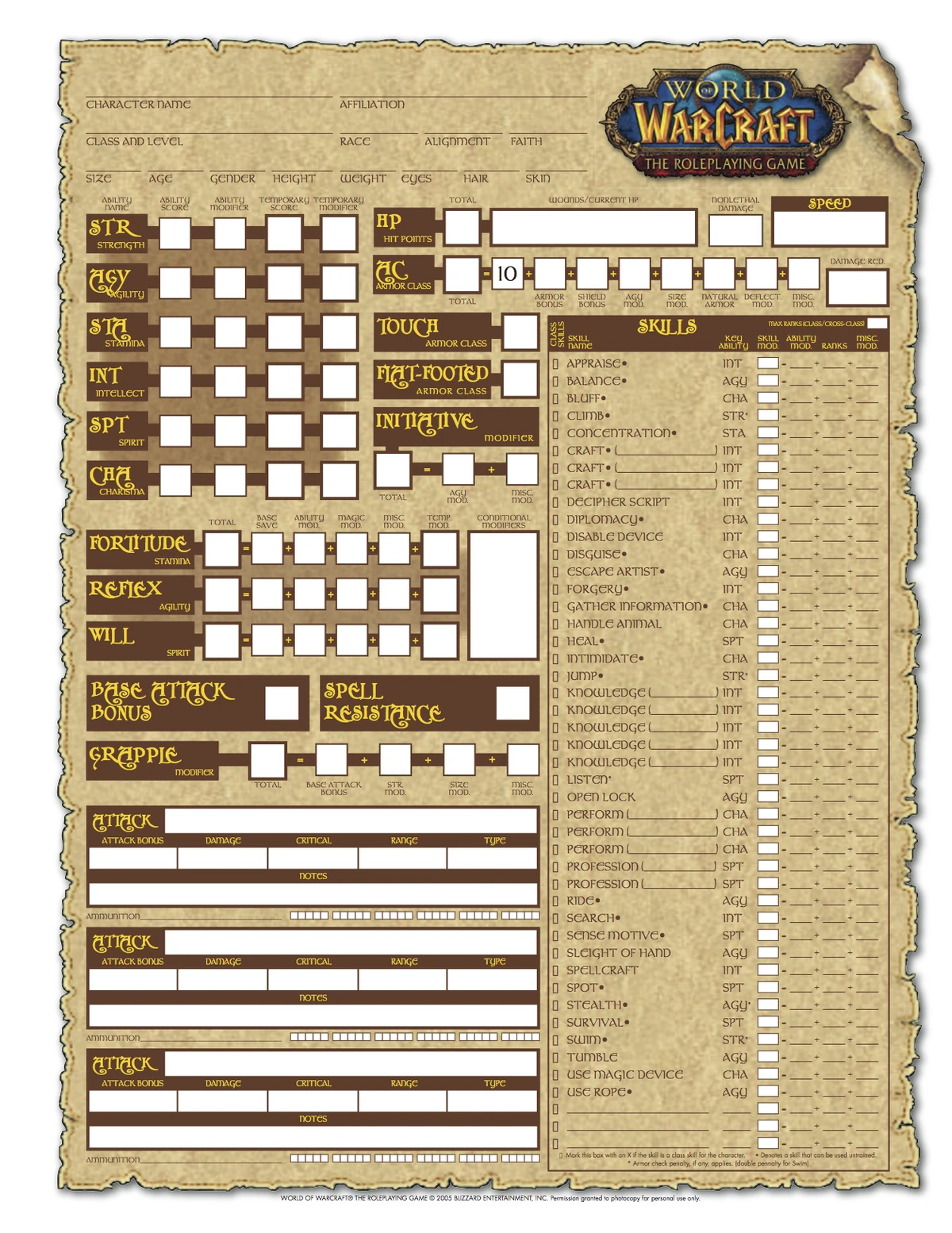 World of Warcraft: The Roleplaying Game Character Sheet | WoWWiki | Fandom